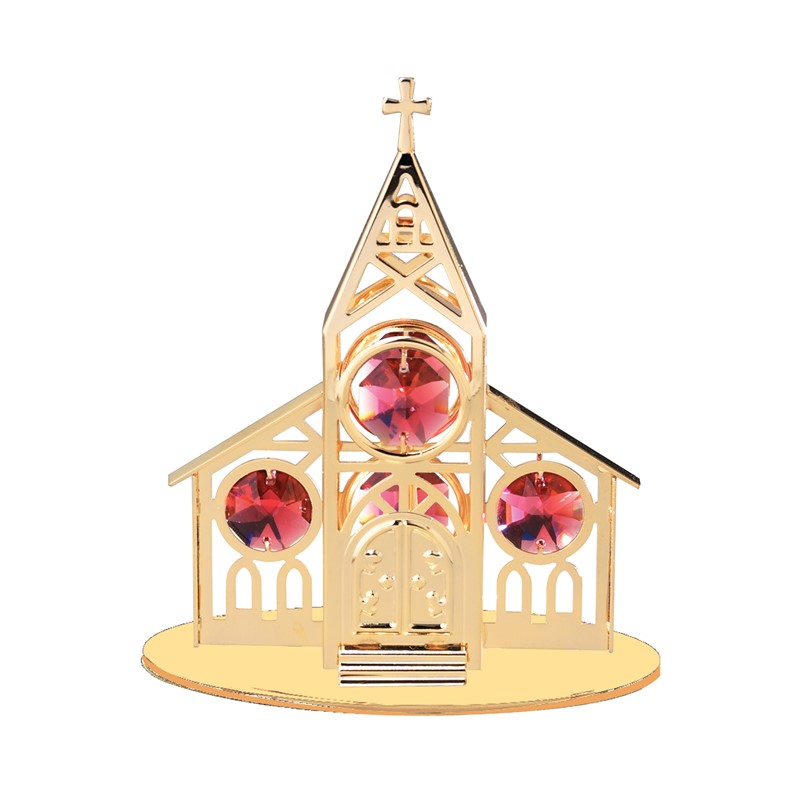 24K Gold Plated Church On Stand W/Red Swarovski | Mascot USA