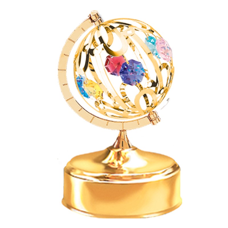24K Gold Plated Large Spinning Globe Music Box W/Mixed Swarovski ...