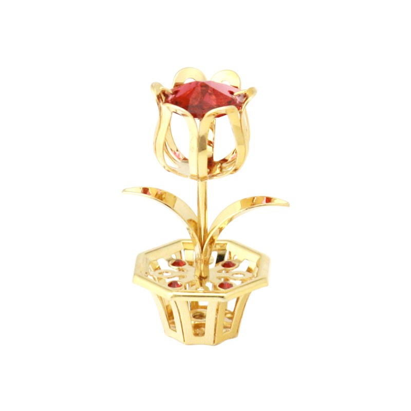 24K Gold Plated Mini Flower In Pot Tabletop W/ Red Swarovski | Mascot USA